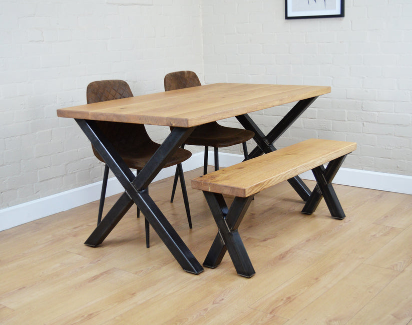 Solid Oak Industrial Dining Table | Chunky X-Frame Legs – Rust and Oak