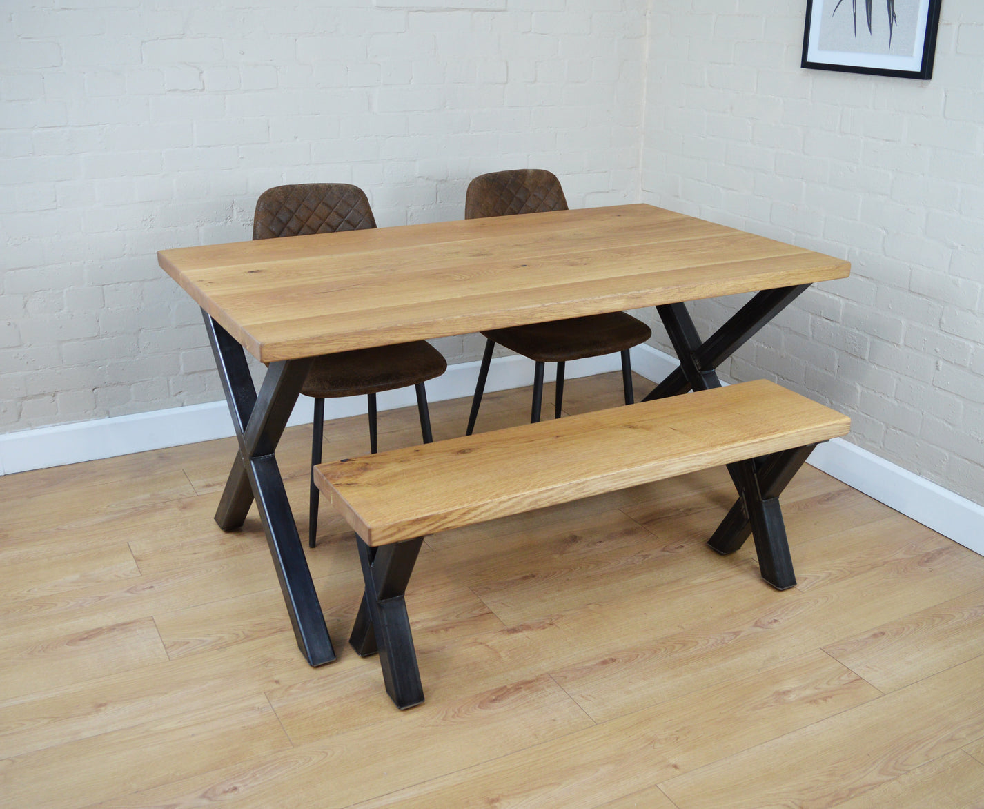Solid Oak Industrial Dining Table | Chunky X-Frame Legs – Rust and Oak