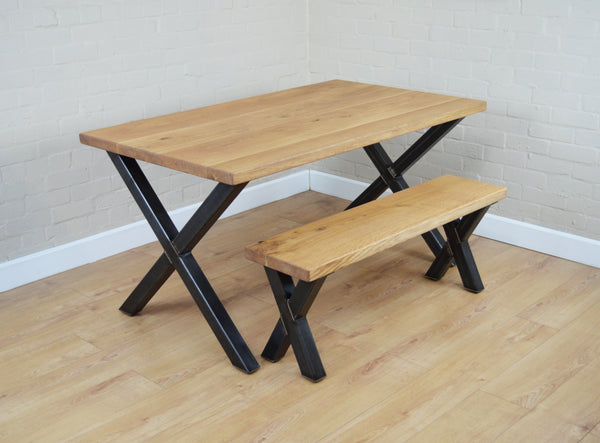 Solid Oak Industrial Dining Table | Chunky X-Frame Legs – Rust and Oak