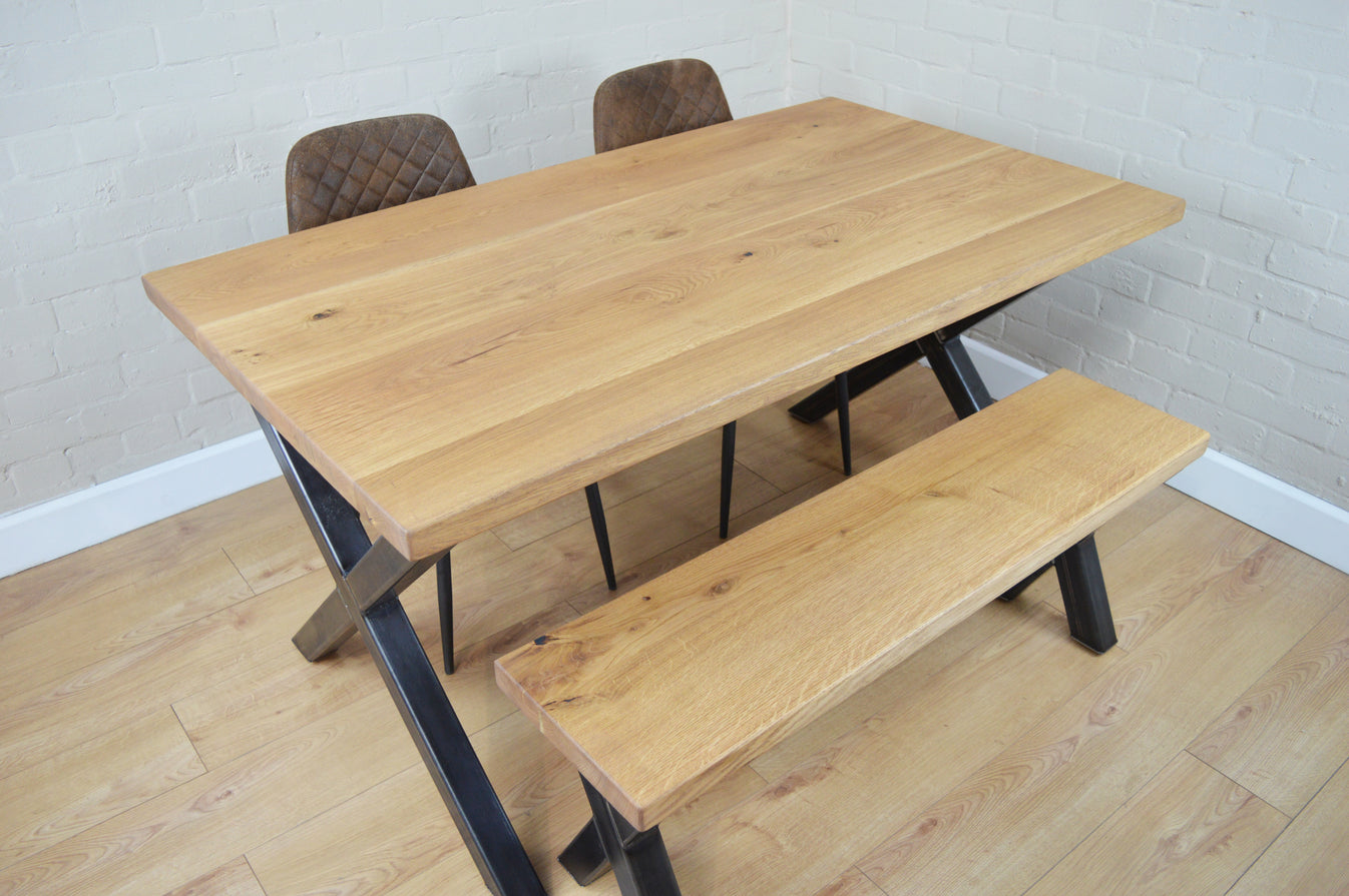 Solid Oak Industrial Dining Table | Chunky X-Frame Legs – Rust and Oak