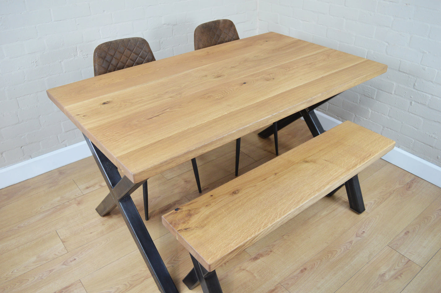 Solid Oak Industrial Dining Table | Chunky X-Frame Legs – Rust and Oak