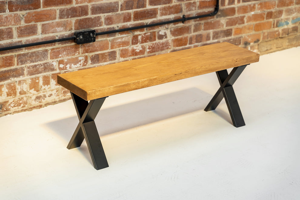 X-Leg Dining Table Bench | Rustic Shoe Bench – Rust and Oak